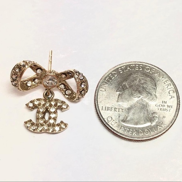 CHANEL | Jewelry | Authentic Crystal Cc Ribbon Bow Dangle 3s Stud ...